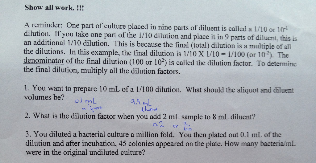Solved One part of culture placed in nine parts of diluent | Chegg.com