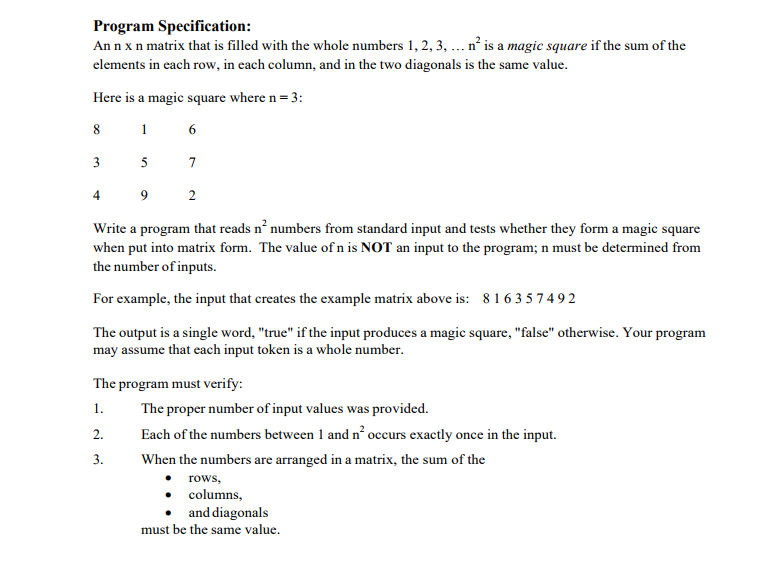 Solved Program Specification An n x n matrix that is filled | Chegg.com