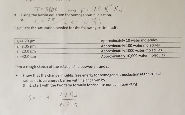 Using the Kelvin equation for homogenous nucleation, | Chegg.com
