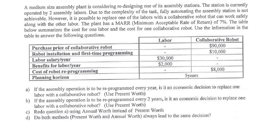 Solved A medium size assembly plant is considering | Chegg.com