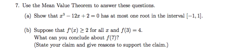 Solved Use the Mean Value Theorem to answer these questions. | Chegg.com