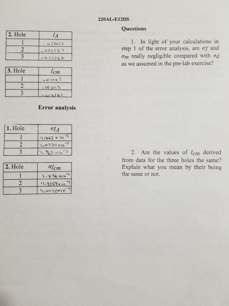 Solved 220AL-E12DS Experiment 12 Physical Pendulum Data | Chegg.com