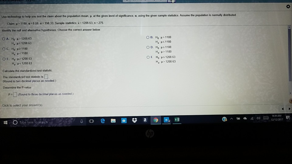 Solved Use technology to help you test the claim about he | Chegg.com