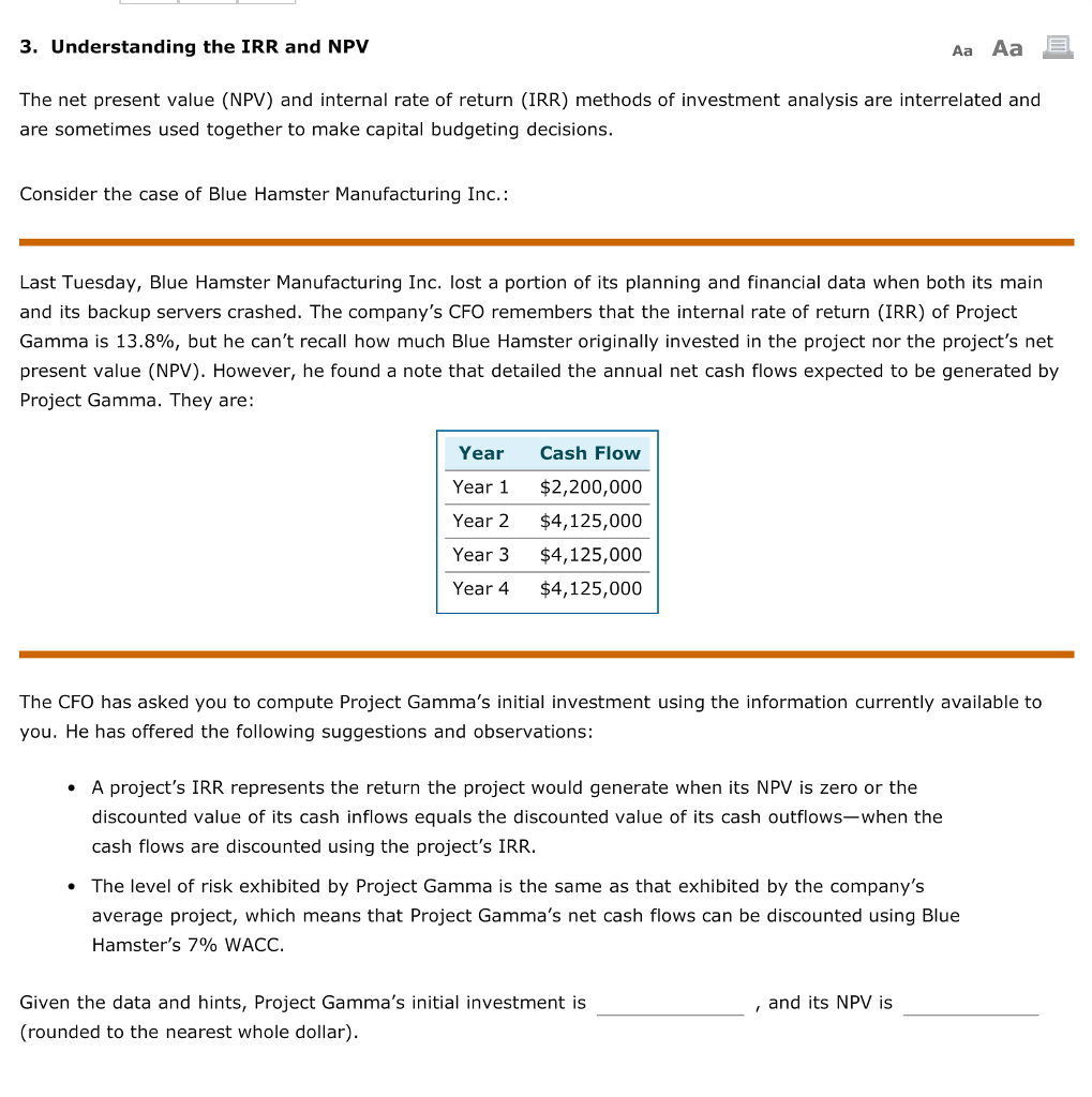 The net present value (NPV) and internal rate of | Chegg.com