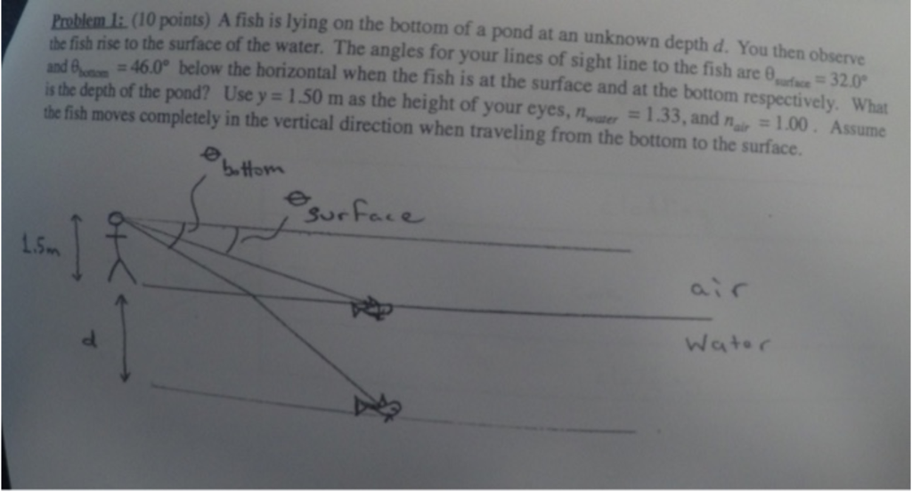 Solved A fish is lying on the bottom of a pond at an unknown | Chegg.com