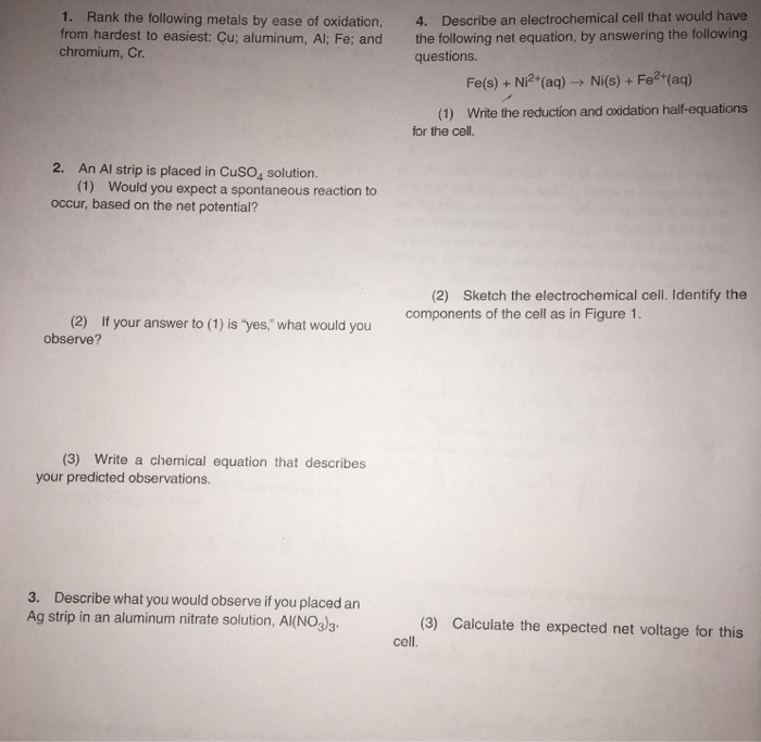 Solved Rank the following metals by ease of oxidation, from | Chegg.com