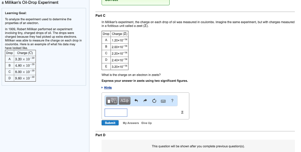 Solved Millikan's Oil-Drop Experiment Learning Goal Part C | Chegg.com