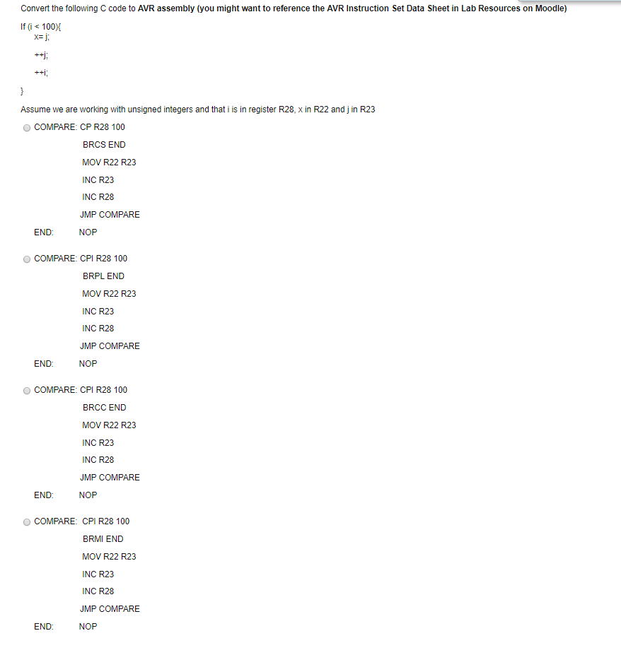 Solved Convert The Following C Code To Avr Assembly You