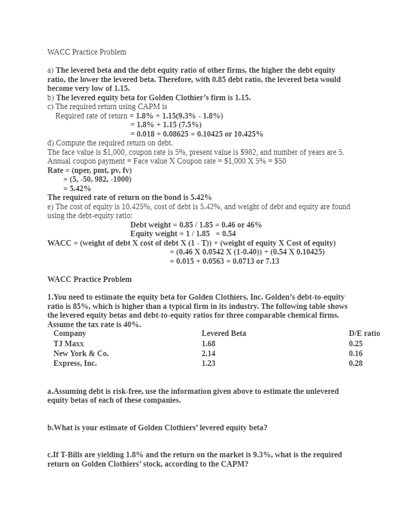 Solved WACC Practice Problem a) The levered beta and the | Chegg.com