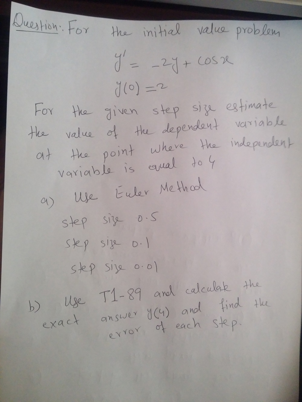 Solved For the initial value problem y' = -2y + cosx y(0) | Chegg.com