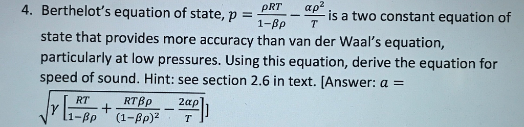 Berthelot's equation of state, p = rho RT/1 - beta | Chegg.com