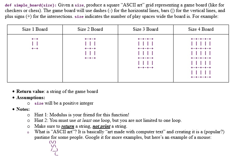 Solved def simple_board (size): Given a size, produce a | Chegg.com
