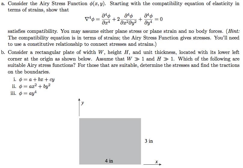 Solved a. Consider the Airy Stress Function phi(x, y). | Chegg.com