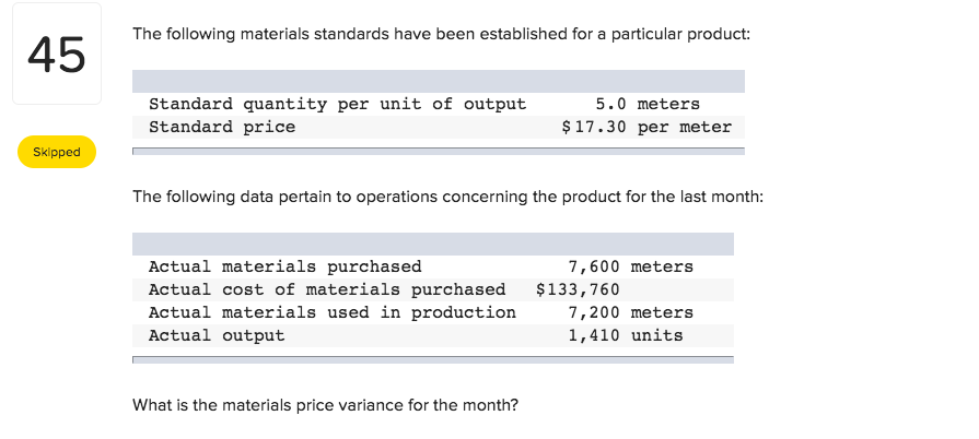 Solved The following materials standards have been | Chegg.com