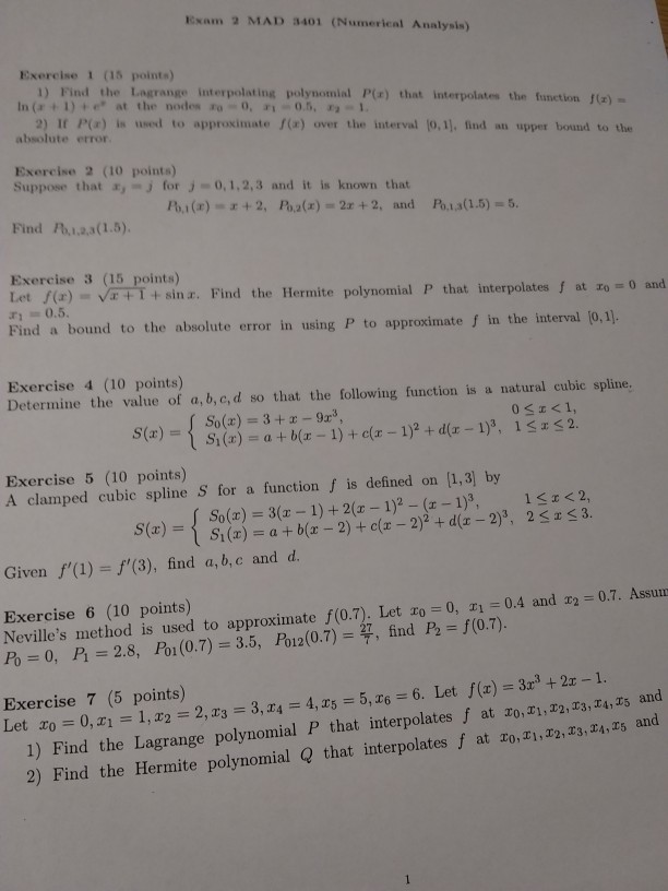 Solved Exam 3 MAD 3401 (Numerical Analysis) Exercise 1 (15 | Chegg.com