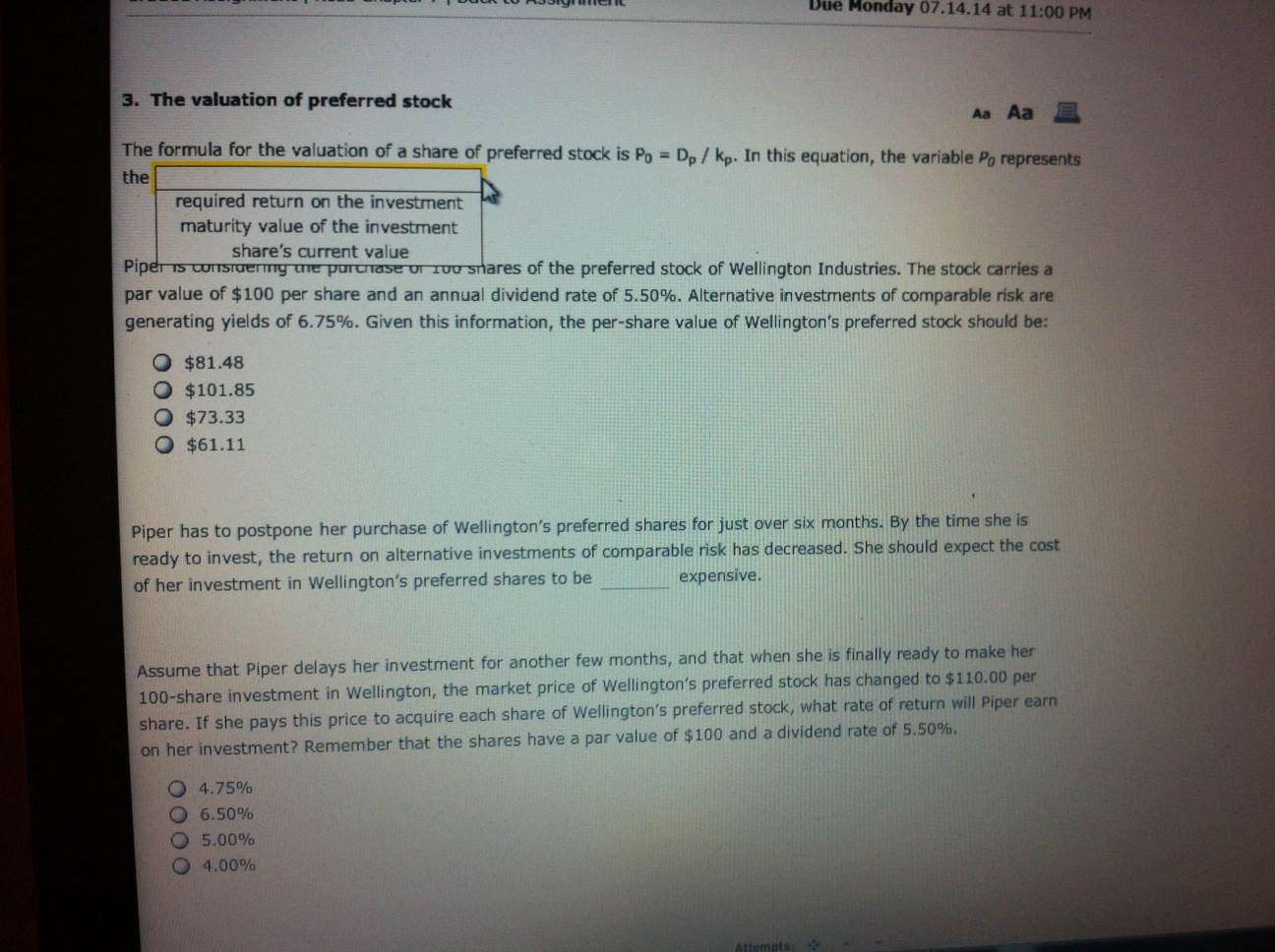 The formula for the valuation of a share of preferred | Chegg.com
