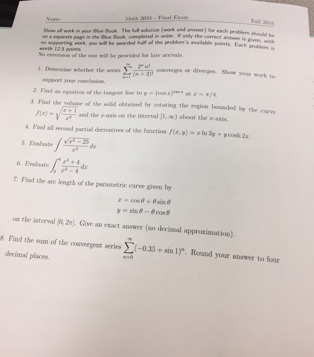 Solved in your Blue Book. The full solution (work and | Chegg.com