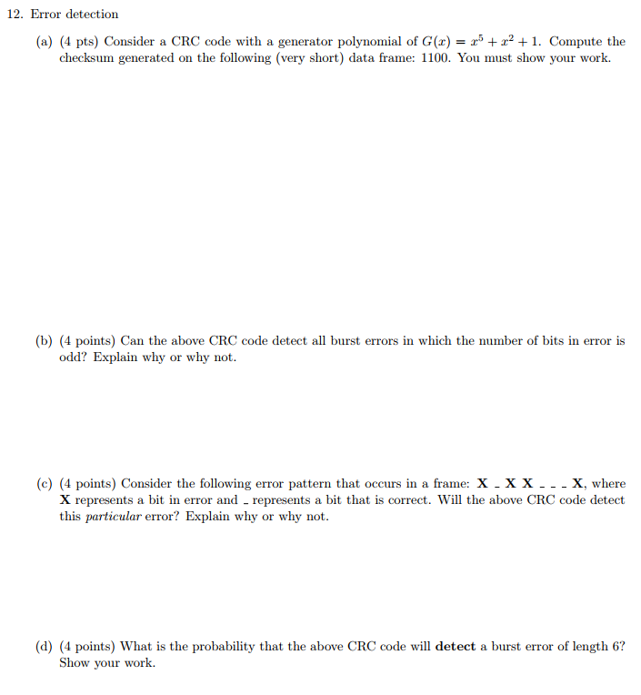 Solved 12. Error detection (a) (4 pts) Consider a CRC code | Chegg.com