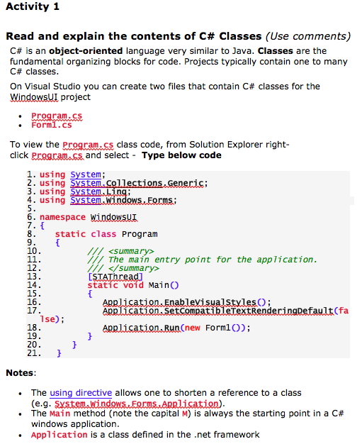 Solved Activity 1 Read and explain the contents of C# | Chegg.com