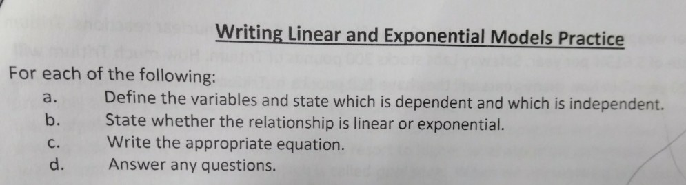 Solved Writing Linear and Exponential Models Practice For | Chegg.com