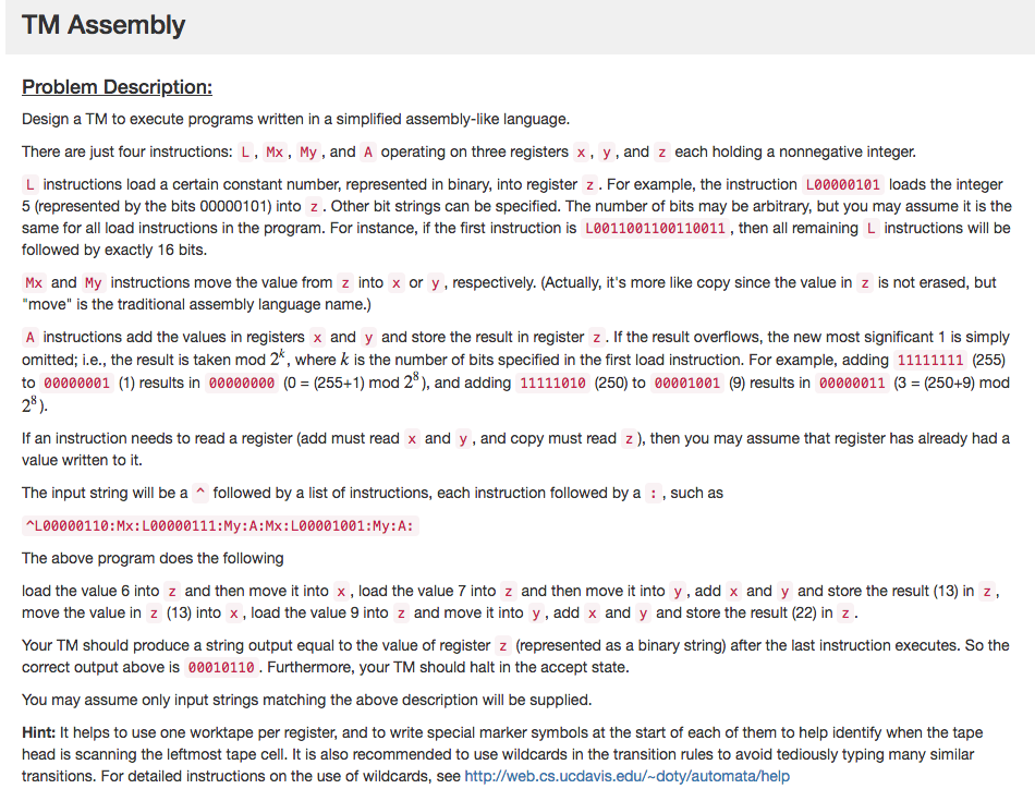 TM Assembly Problem Description: Design a TM to | Chegg.com