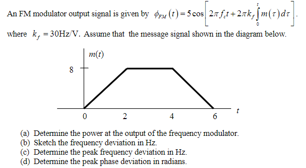 Solved An FM modulator output signal is given by al.(t) = 5 | Chegg.com