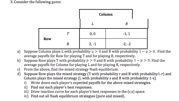 Solved 3. Consider the following game: Column 0,0 Row 2,-1 | Chegg.com
