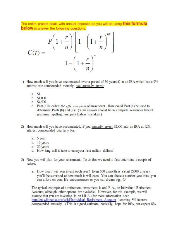 Solved College Algebra Project Saving forthe Future In this | Chegg.com
