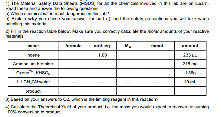 1) The Material Safety Data Sheets (MSDS) for all the | Chegg.com