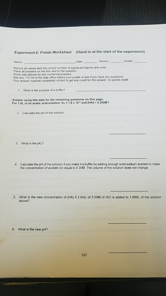 Solved Experiment 6: Prelab Worksheet (Hand in at the start | Chegg.com