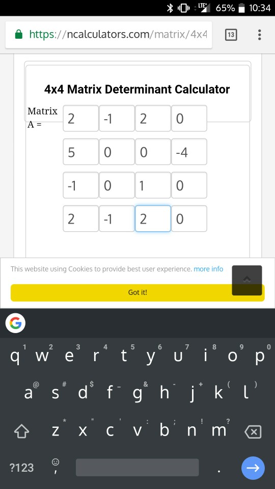 Solved 0 L"il 65%. 10:34 https://ncalculators.com/matrix/4x4 | Chegg.com