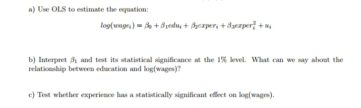 Solved . su edu exper expersq Variable | Obs Mean Std. Dev. | Chegg.com