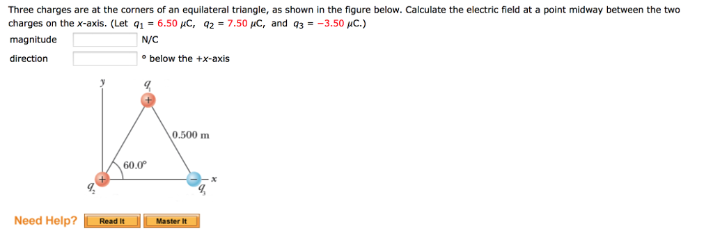 Solved Three charges are at the corners of an equilateral | Chegg.com