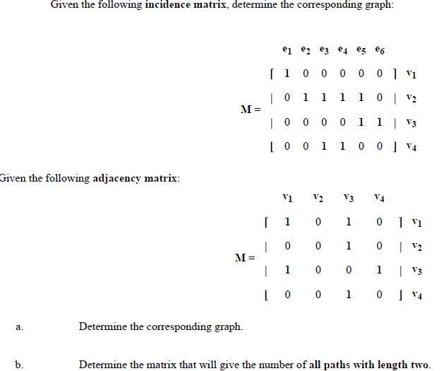 Solved Given the following incidence matrix, determine the | Chegg.com