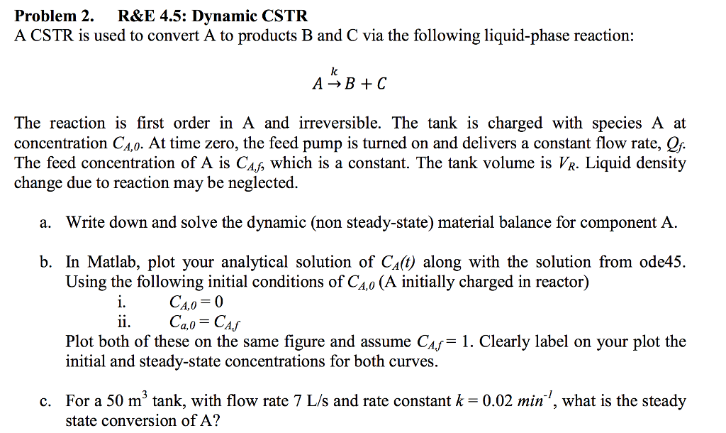 Solved Problem 2. R&E 4.5: Dynamic CSTR A CSTR is used to | Chegg.com