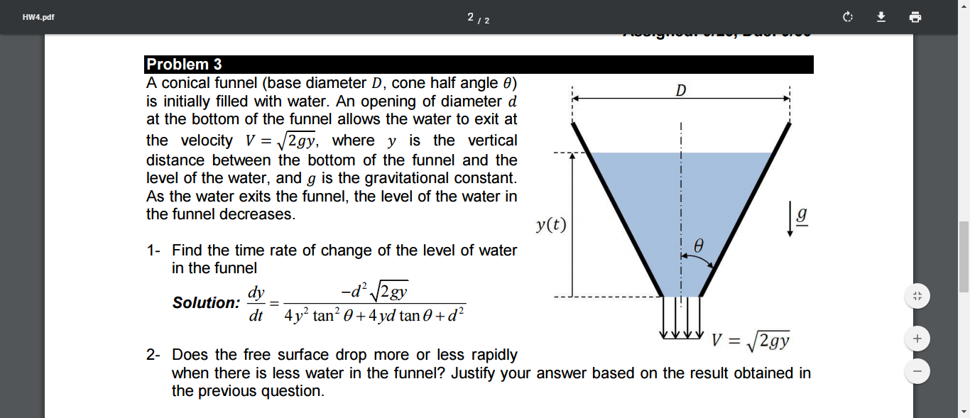 A conical funnel (base diameter D, cone half angle | Chegg.com