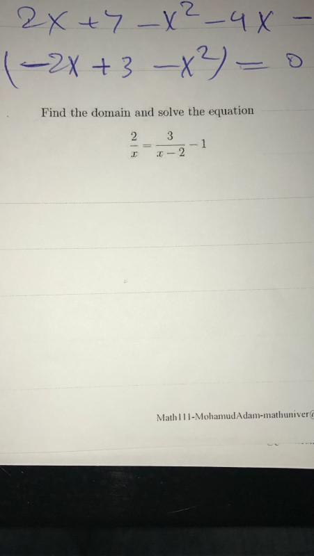 Solved Find the domain and solve the equation 2/x = 3/x - 2 | Chegg.com