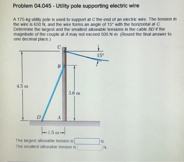 Solved Utility pole supporting electric wire A 175-kg | Chegg.com