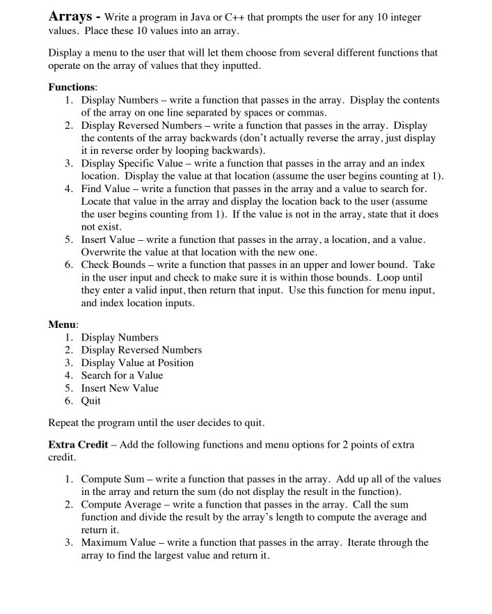 Solved Arrays Write A Program In Java Or C That Prompts