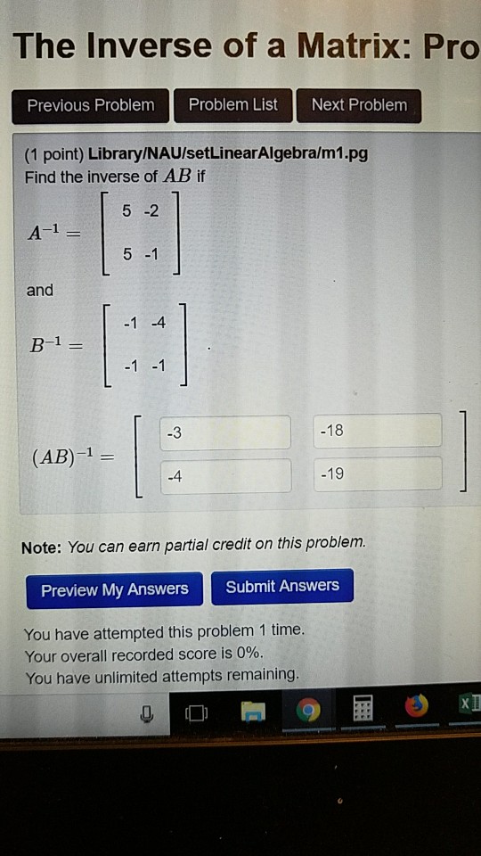 Solved The Inverse of a Matrix: Pro Previous ProblemProblem | Chegg.com