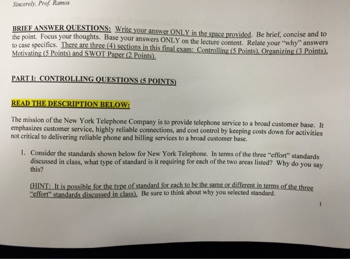Solved Sincerely, Prof Ramos BRIEF ANSWER QUESTIONS: Write | Chegg.com