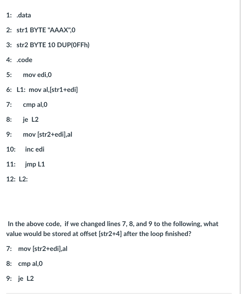 Solved 1: data 2: str1 BYTE "AAX",0 3: str2 BYTE 10 | Chegg.com