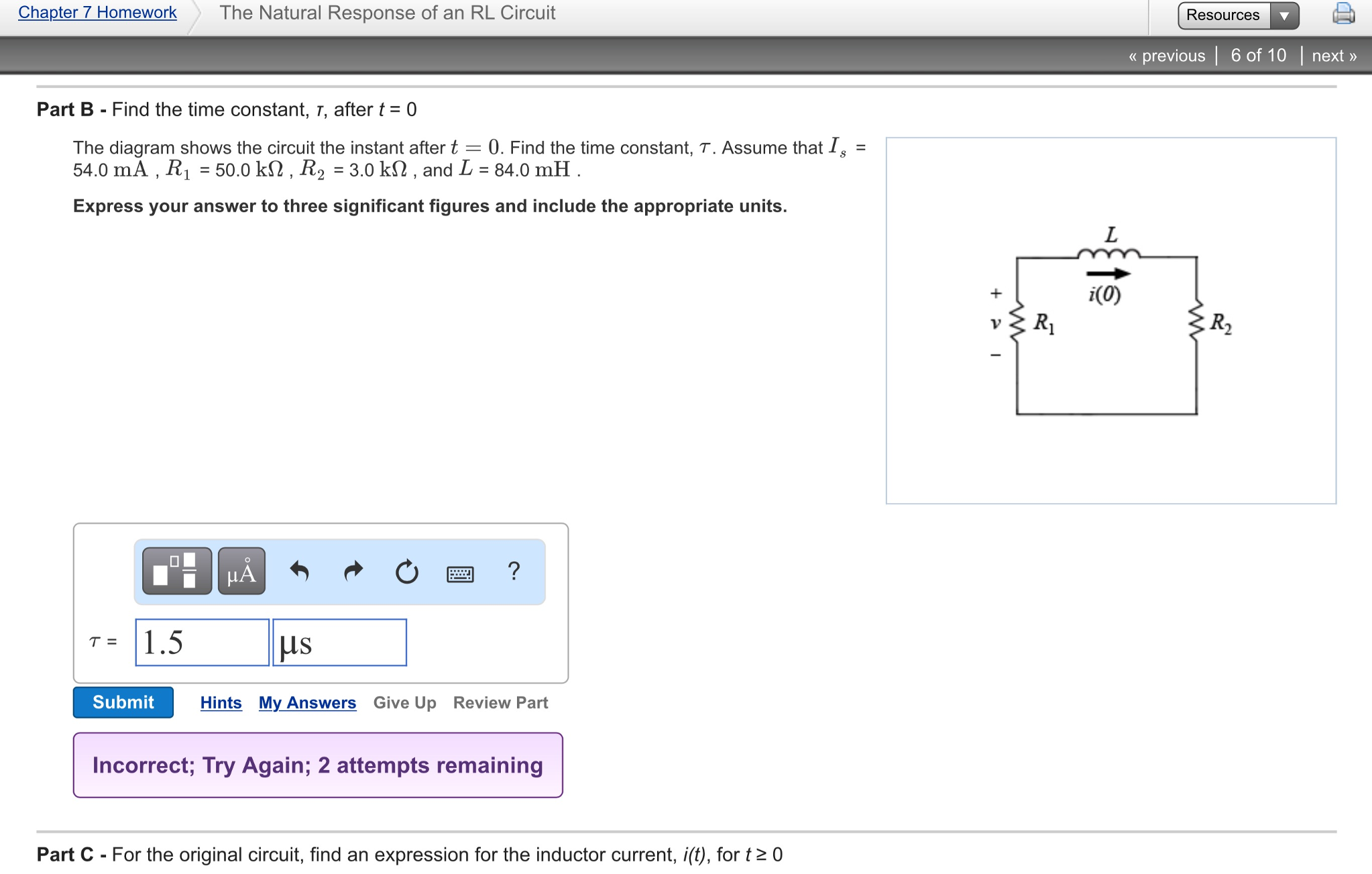 Solved Find the time constant, T, after t = 0 The diagram | Chegg.com