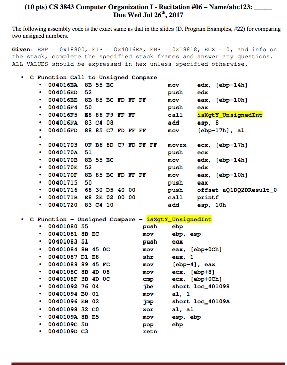 Solved (10 pts) CS 3843 Computer Organization I-Recitation | Chegg.com