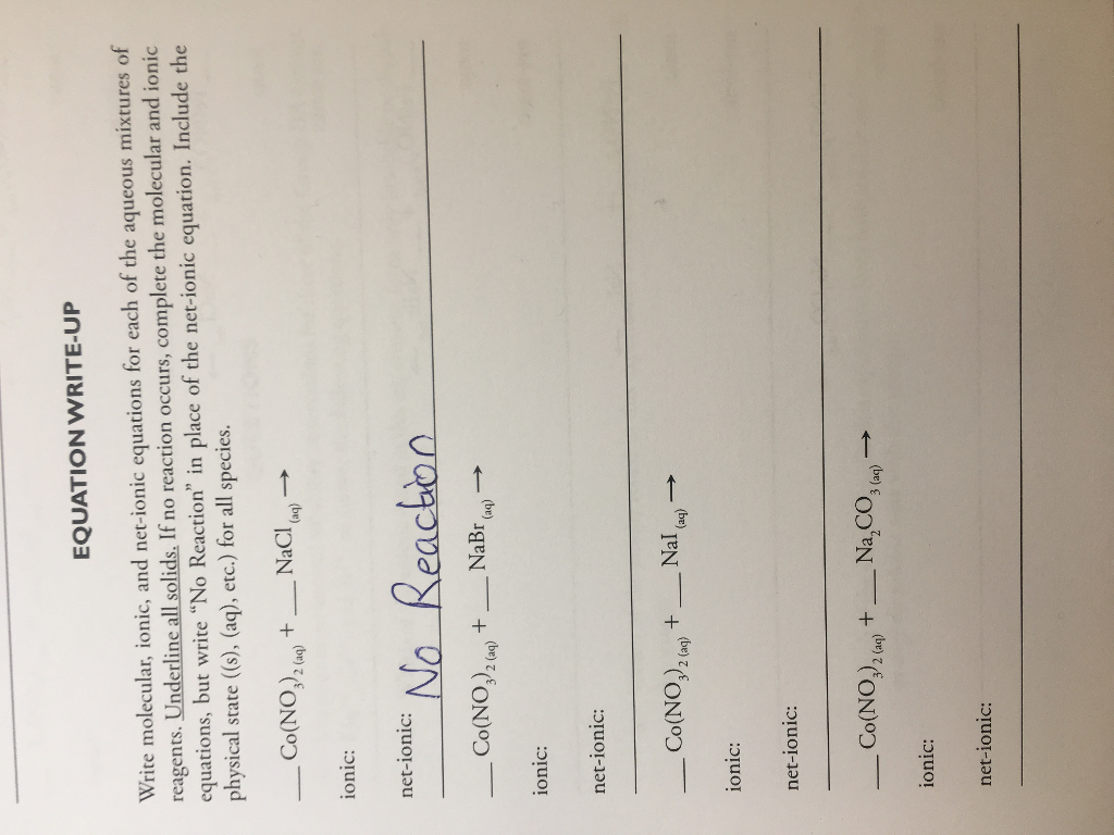 Solved EQUATION WRITE-UP Write molecular, ionic, and net | Chegg.com