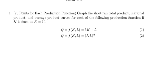 Solved 1. (20 Points for Each Production Function) Graph the | Chegg.com