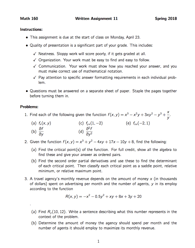 Solved Math 160 Written Assignment 11 Spring 2018 | Chegg.com