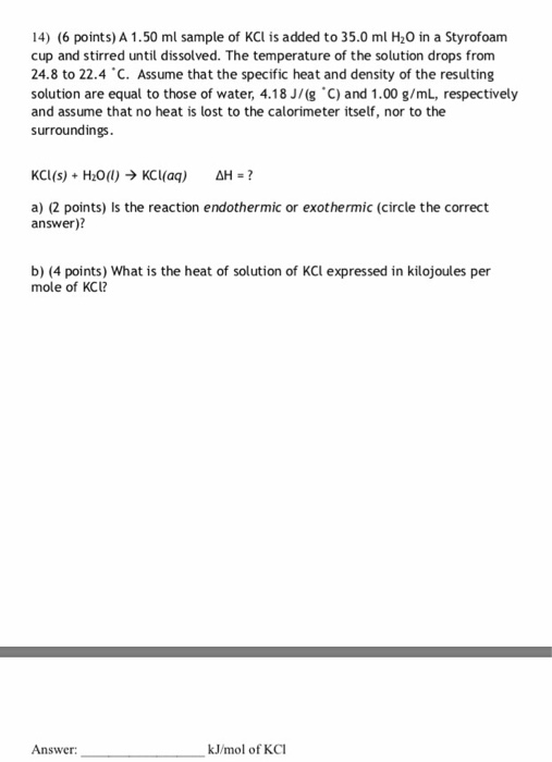 Solved A 1.50 ml sample of KCl is added to 35.0 ml H_2O in a | Chegg.com