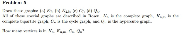 Problem 5 Draw these graphs: (a) K7. (b) K2,5, (c) | Chegg.com