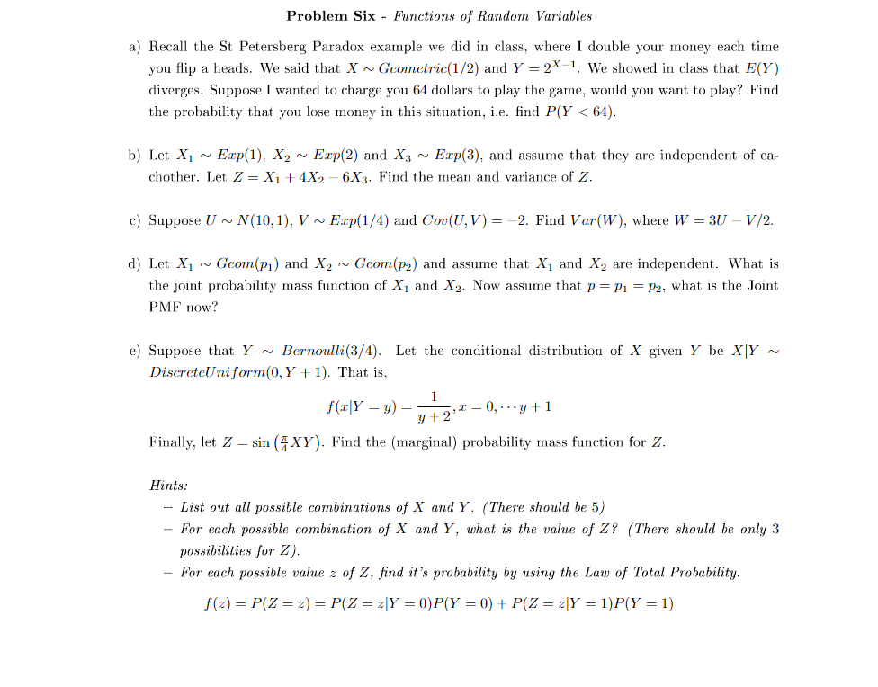 Solved Problem Six - Functions of Random Variables a) Recall | Chegg.com
